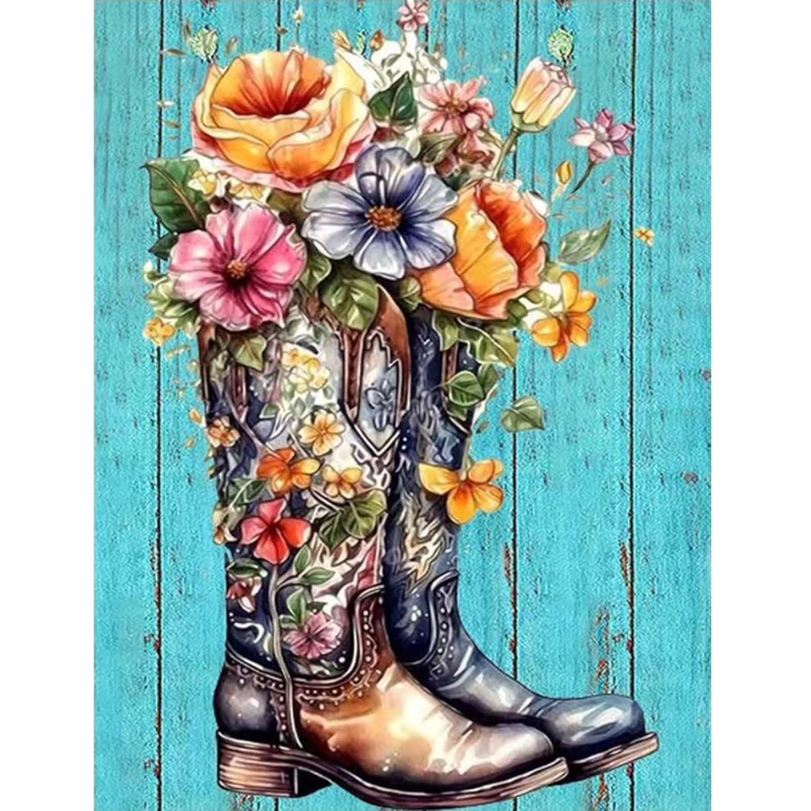 ZQEATRY Diamond Art Paintings Kits for Adults,DIY Boot Flower Diamond Art Kits for Adults Beginner, 5D Round Full Drill Diamond Dots Gem Art Crafts for Home Wall Decor 12x16inch
