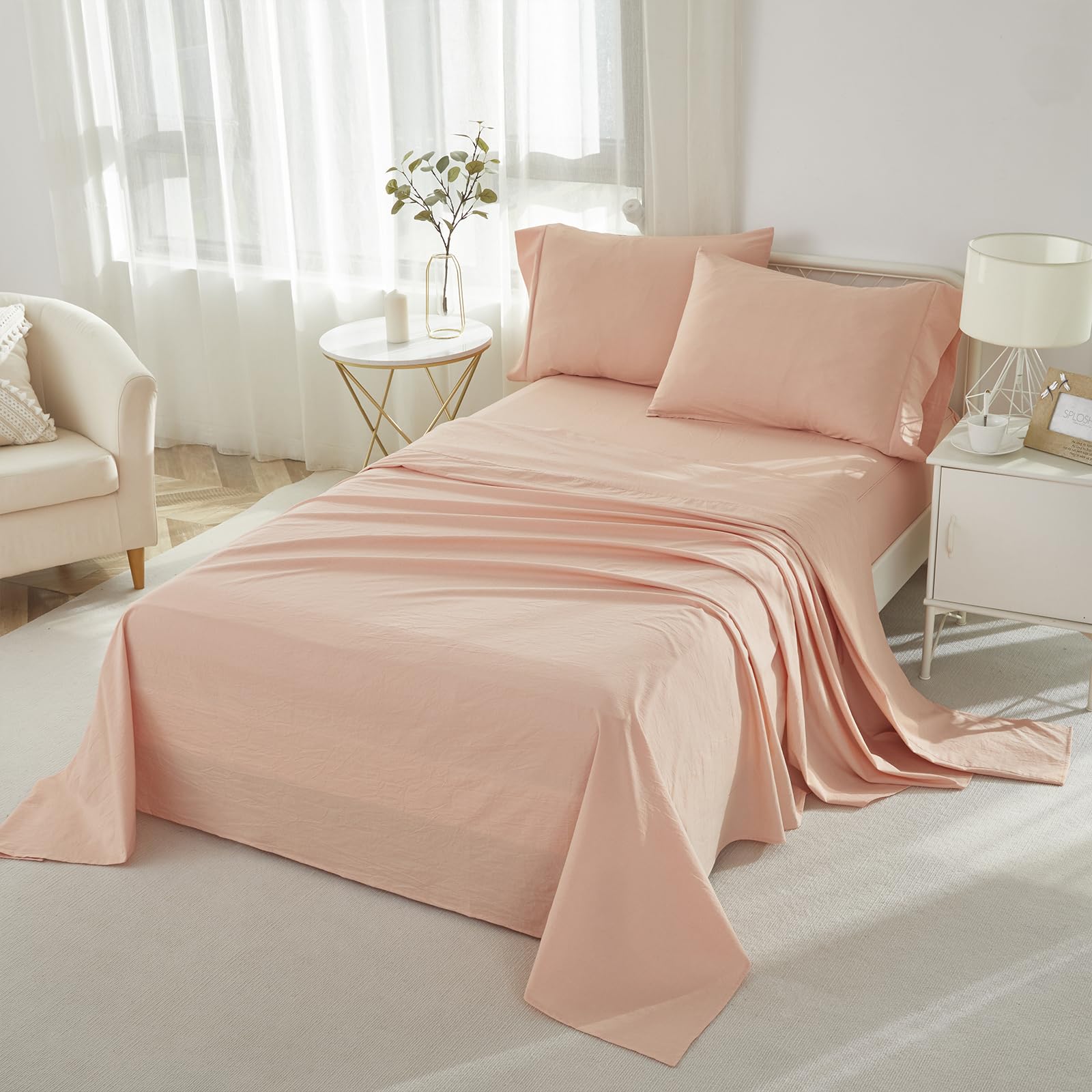 Brandream Full Size 4 Piece Bedding Sheet Set - Breathable & Cooling Bed Sheets - Luxury Bed Sheets for Kids, Teens, Women & Men - Deep Pockets 100% Cotton Linen Like Textured Durable Soft (Blush)