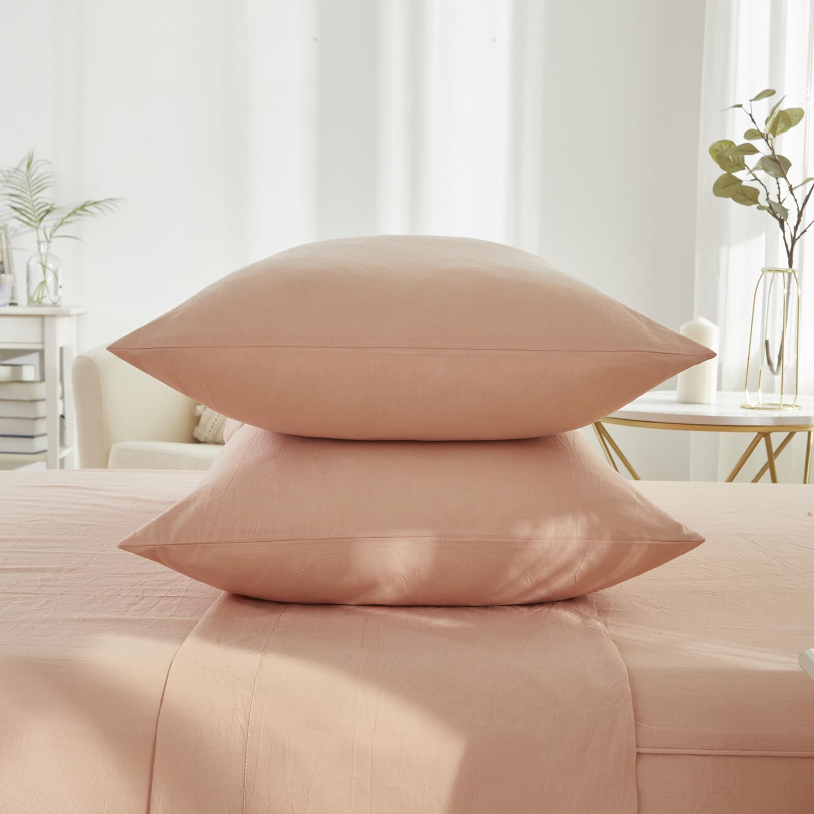 Brandream Full Size 4 Piece Bedding Sheet Set - Breathable & Cooling Bed Sheets - Luxury Bed Sheets for Kids, Teens, Women & Men - Deep Pockets 100% Cotton Linen Like Textured Durable Soft (Blush)