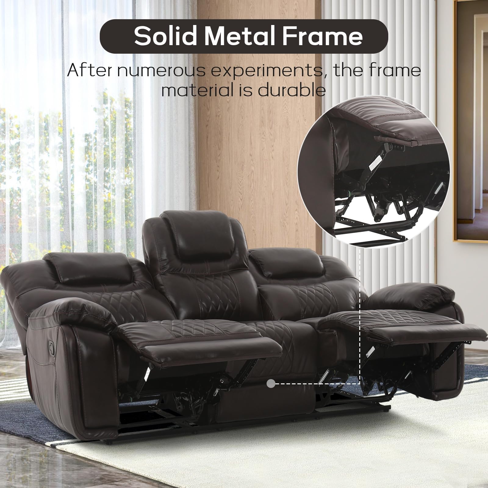 EBELLO Genuine Leather Loveseat Manual Recliner with 3 Seat Recliner Sofa, Double Recliner Chair with Cup Holder, Hidden Storage, Reclining Sofa Couch Set for Living Room