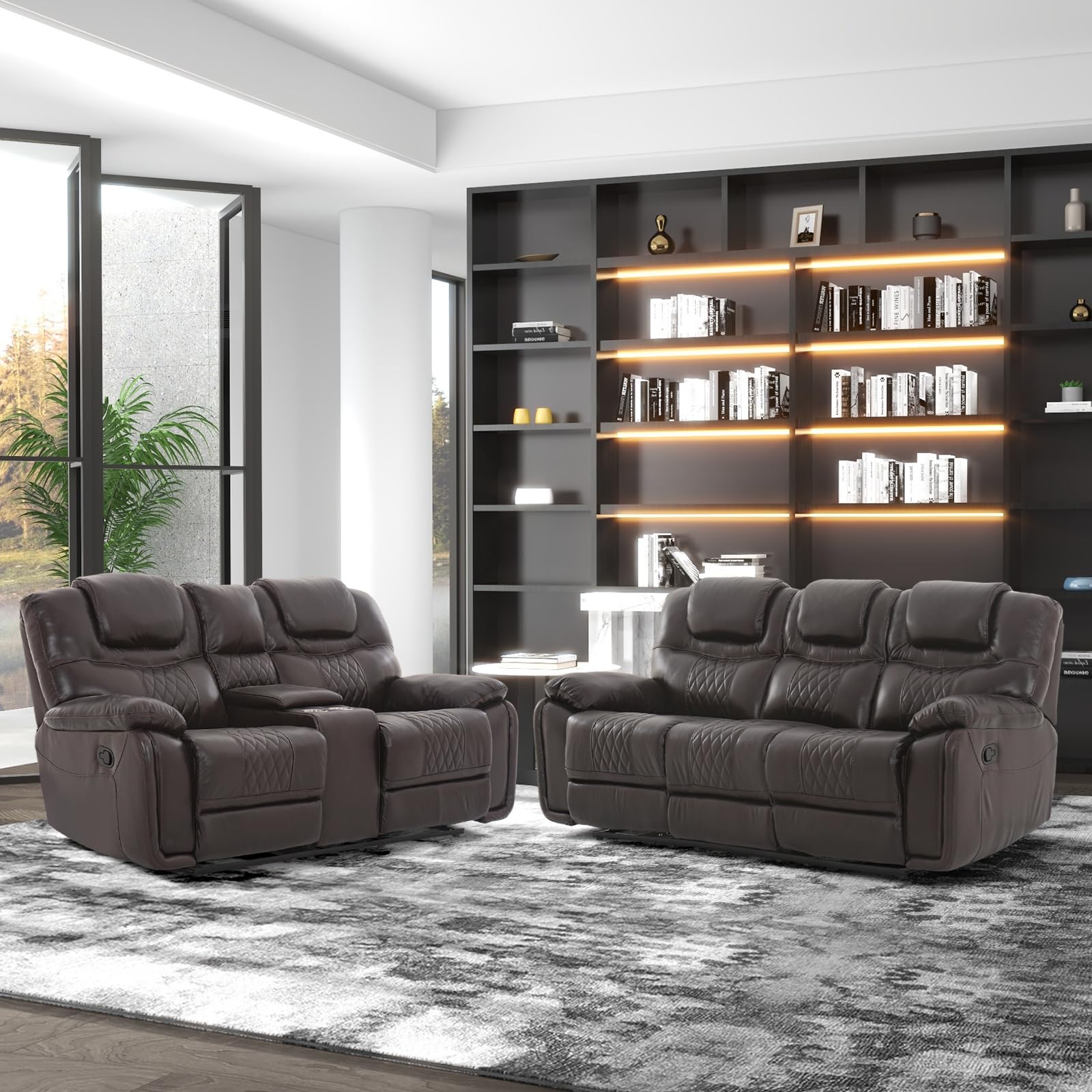 EBELLO Genuine Leather Loveseat Manual Recliner with 3 Seat Recliner Sofa, Double Recliner Chair with Cup Holder, Hidden Storage, Reclining Sofa Couch Set for Living Room