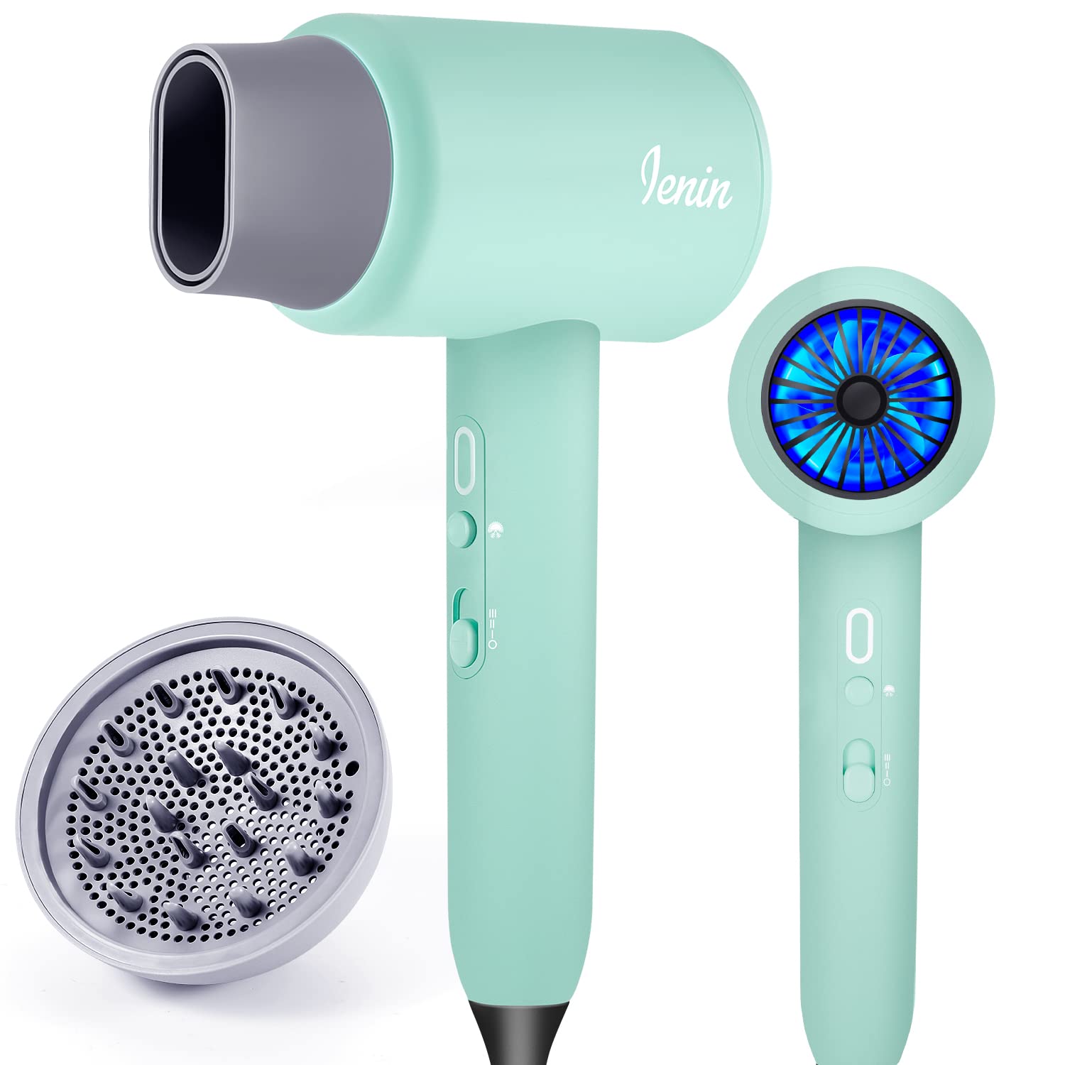 FAVIRZCE Hair Dryer, Portable Ionic Blow Dryer with Diffuser and Concentrator Nozzle, Fast Drying without Hair Damage, Low Noise, Lightweight Travel Hair Dryer, 3 Temps, Mint Green