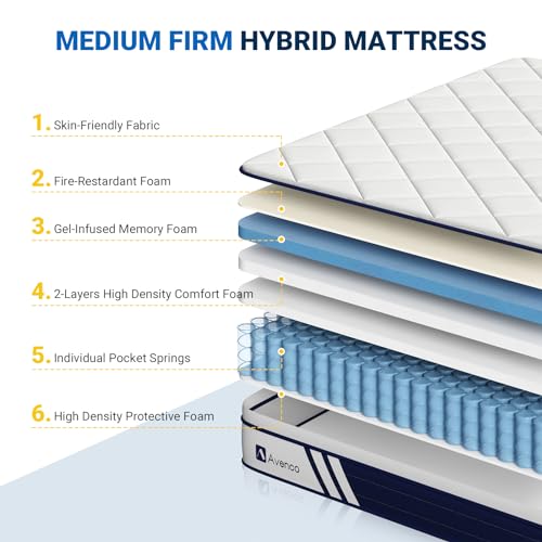 Avenco Full Mattress in a Box, 10 Inch Full Size Hybrid Mattress with Memory Foam for Pressure Relief, Individual Pocket Spring for Support, Medium Firm Full Bed Mattresses CertiPUR-US Certified