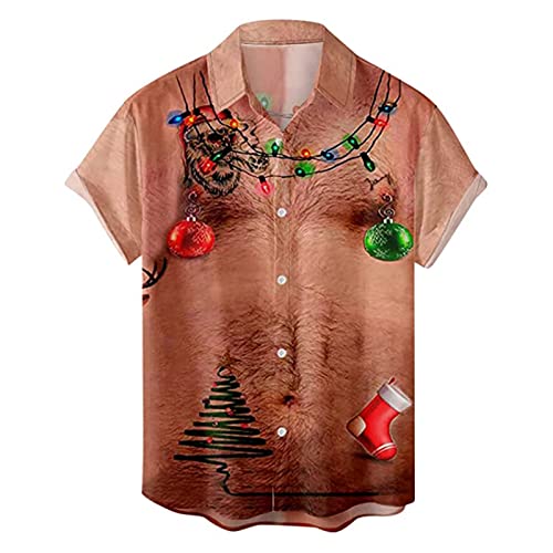PARREN Novelty 3D Graphic Christmas Button Down Shirts for Mens Ugly Santa Reindeer Hawaiian Beach Holiday Bowling T-shirt Vintage Short Sleeve Slim Fit Lightweight Tee Tops