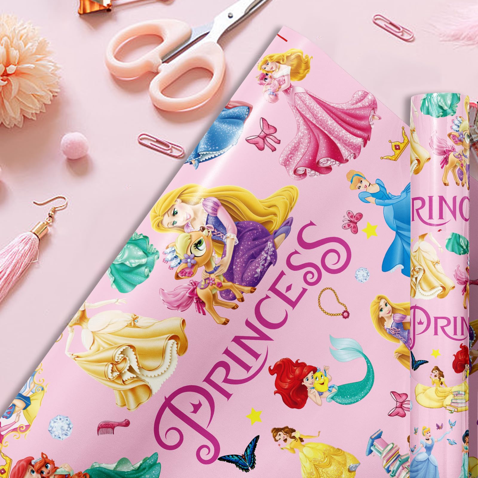 Hbavfihnbg 5 Pcs Princess Wrapping Paper Princess Gift Wrap Bulk Art Paper Folded Flat for Baby Shower Princess Birthday Party Decorations Wedding DIY Crafts Gift Packing, 20 x 30 Inch