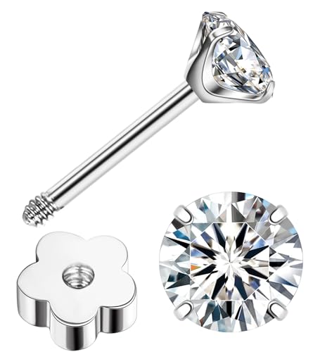 Enticera 3mm G23 Titanium Earrings for Sensitive Skin Handmade Flower Screw Back 5A+Cubic Zirconia Earrings 20g 14K Gold Hypoallergenic Nap Earrings for Helix Cartilage Piercing White