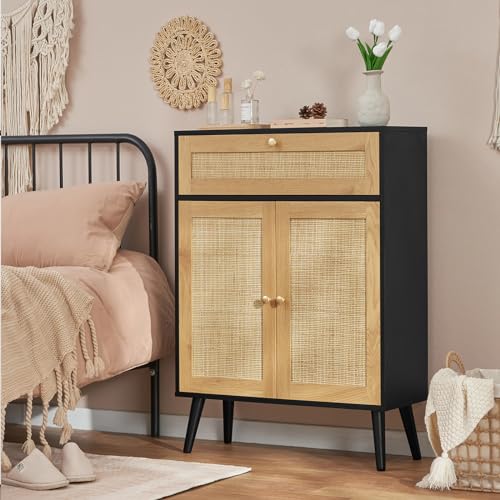 Iwell Storage Cabinet with Adjustable Shelf, Rattan Cabinet with Large Drawer, Accent Cabinet for Dining Room, Entryway, Living Room, Black
