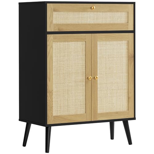 Iwell Storage Cabinet with Adjustable Shelf, Rattan Cabinet with Large Drawer, Accent Cabinet for Dining Room, Entryway, Living Room, Black