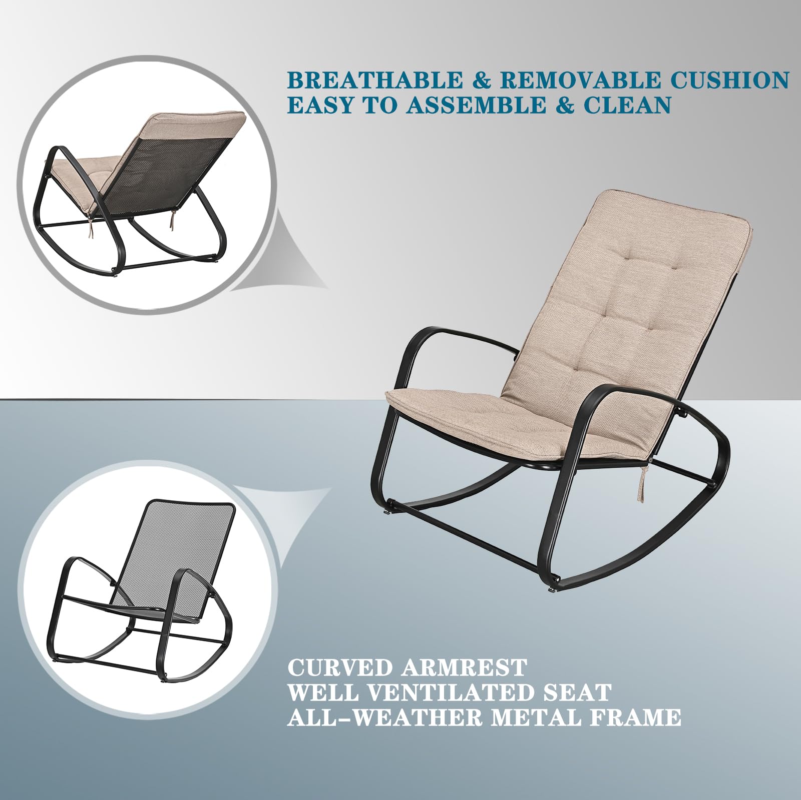 Festival Depot Patio Upholstered Rocking Chair Lounge Chairs Living Room Sofa Glider Rocker Chair w/Metal Frame Removable Cushion High Back Widened Seat Best Comfy Modern Portable