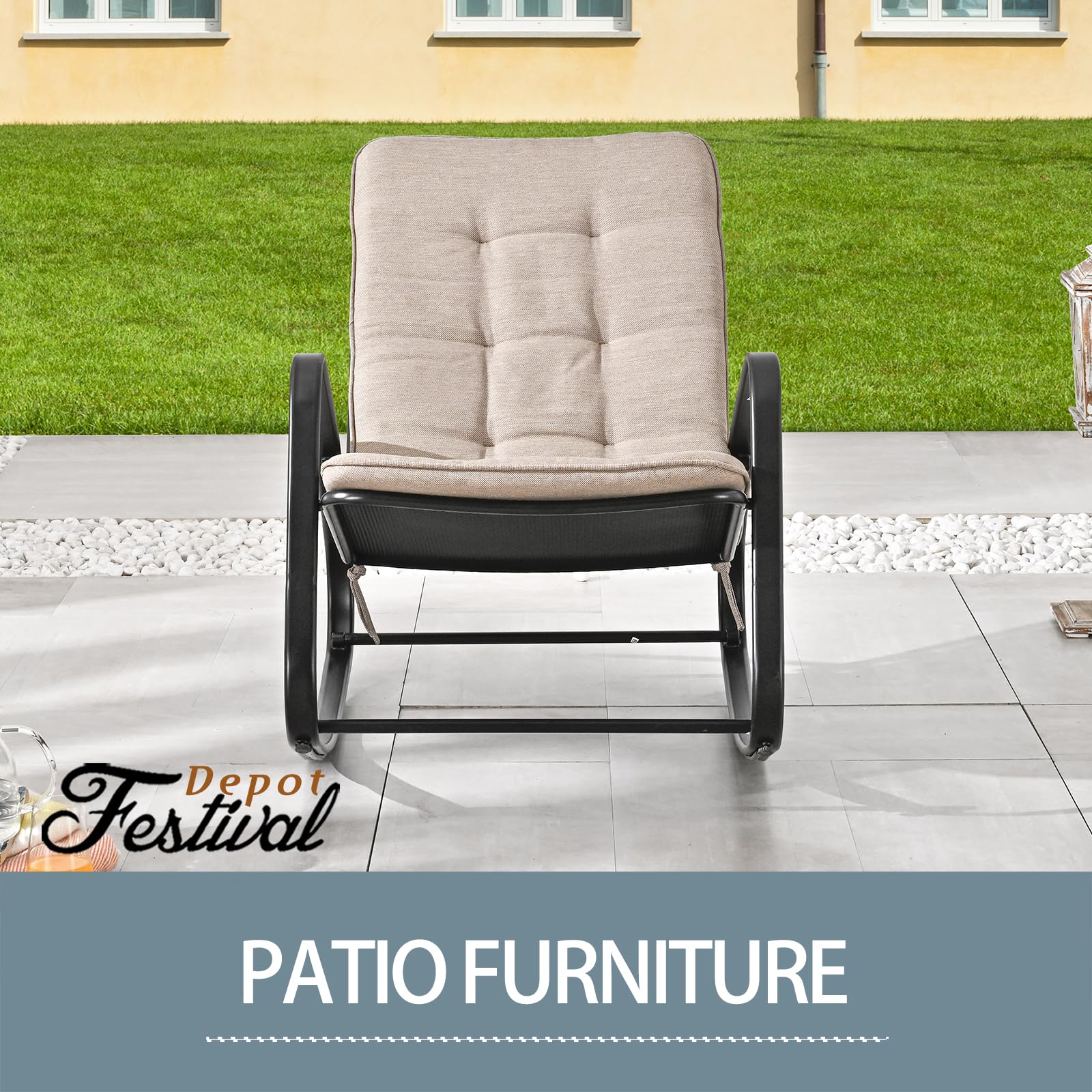 Festival Depot Patio Upholstered Rocking Chair Lounge Chairs Living Room Sofa Glider Rocker Chair w/Metal Frame Removable Cushion High Back Widened Seat Best Comfy Modern Portable
