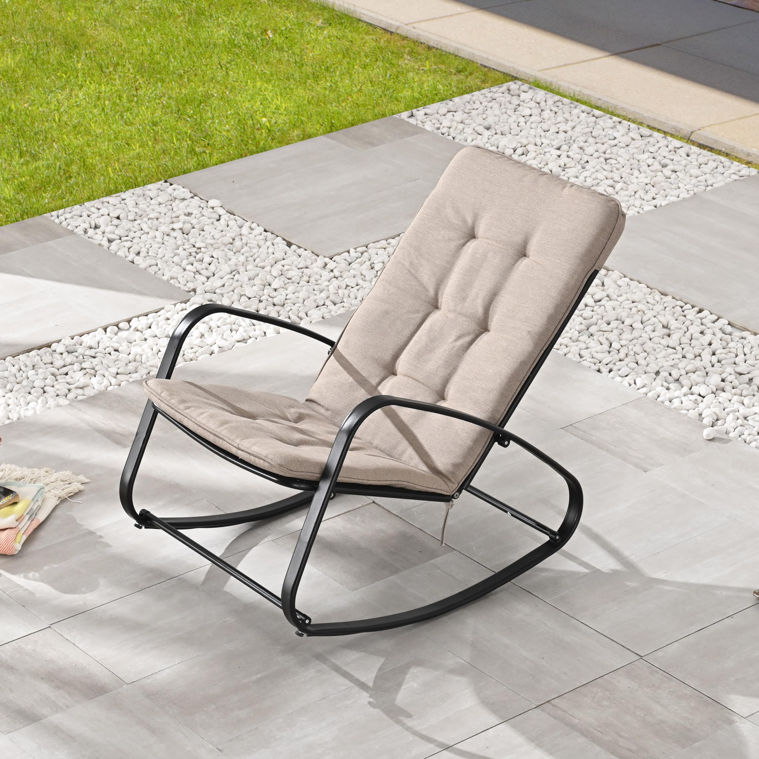 Festival Depot Patio Upholstered Rocking Chair Lounge Chairs Living Room Sofa Glider Rocker Chair w/Metal Frame Removable Cushion High Back Widened Seat Best Comfy Modern Portable