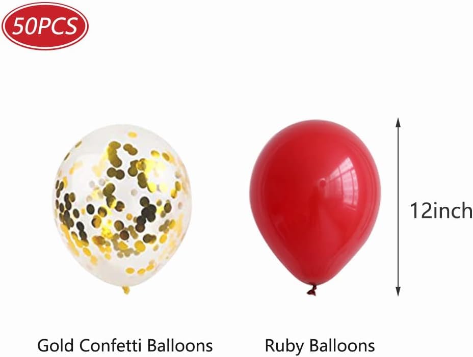 Siticoto 50pcs Ruby Red Gold Confetti Latex Balloons, 12 inch Clear Confetti Balloons and Red Round thick Ruby Double Latex Balloons for Love Bride Wedding Valentine Day Party