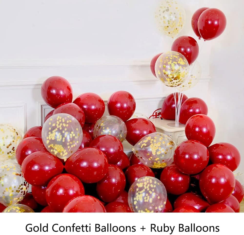 Siticoto 50pcs Ruby Red Gold Confetti Latex Balloons, 12 inch Clear Confetti Balloons and Red Round thick Ruby Double Latex Balloons for Love Bride Wedding Valentine Day Party