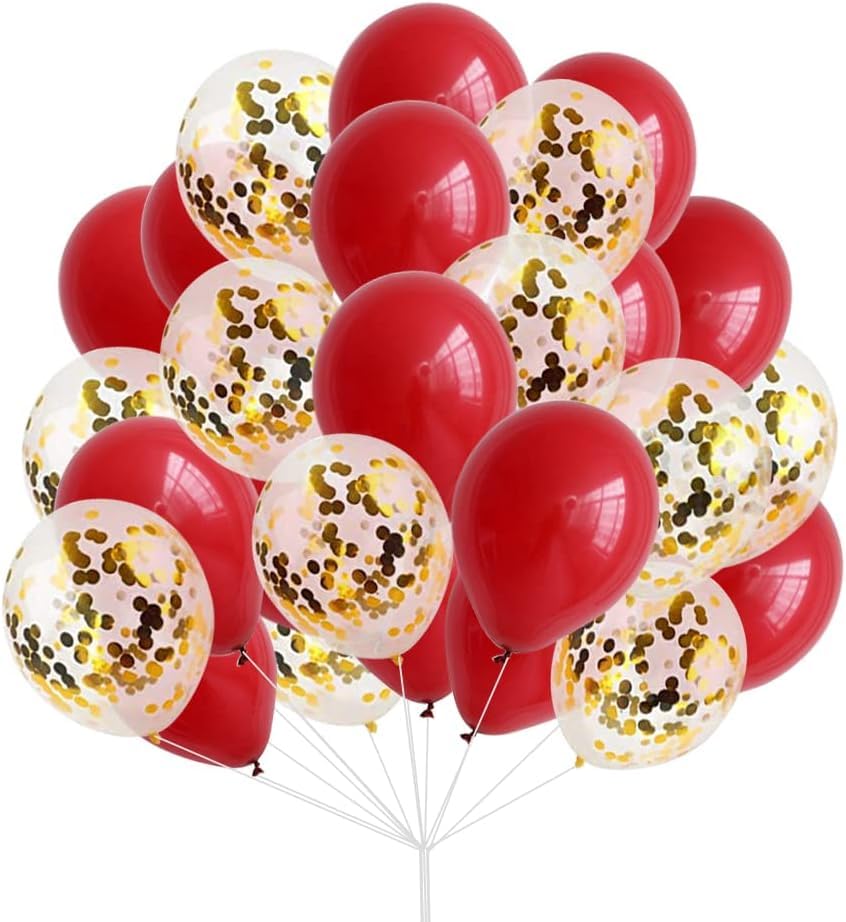 Siticoto 50pcs Ruby Red Gold Confetti Latex Balloons, 12 inch Clear Confetti Balloons and Red Round thick Ruby Double Latex Balloons for Love Bride Wedding Valentine Day Party