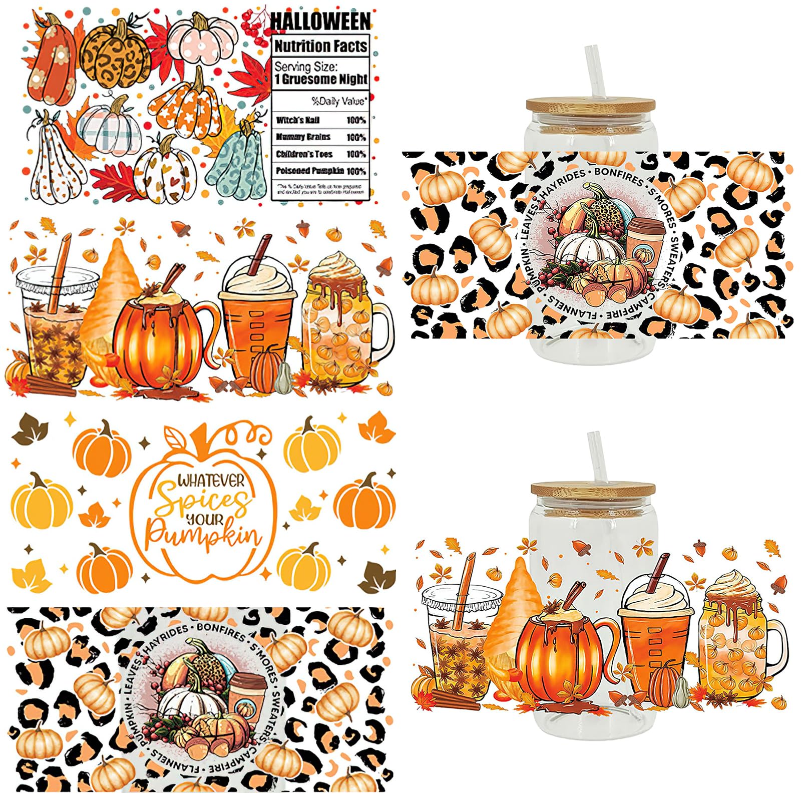 Thanksgiving UV DTF Cup Wrap Transfer for Glass 16oz, Fall Autumn Theme Harvest Pumpkin Maple Leaf Rub on Transfers Stickers Decals for Glass Cups Wood Furniture DIY Waterproof Crafts