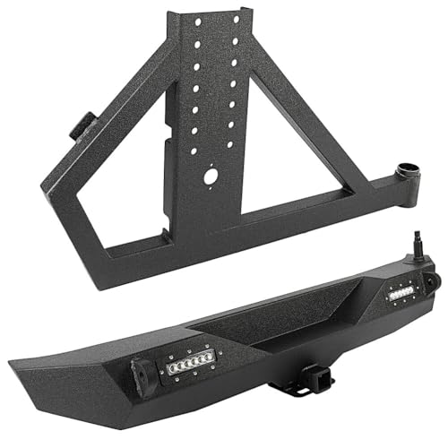 cciyu Rront and Rear Bumper with and Tire Carrier Compatible for 2007-2018 for Jeep Wrangler JK with D-ring, LED Strip Light and 4XLED Lights