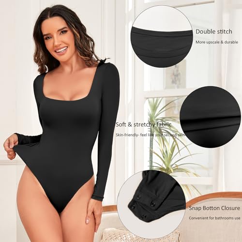 Leoparts Long Sleeve Bodysuit for Women Sexy Square Neck Slim Fit Body Suits Top Shirts