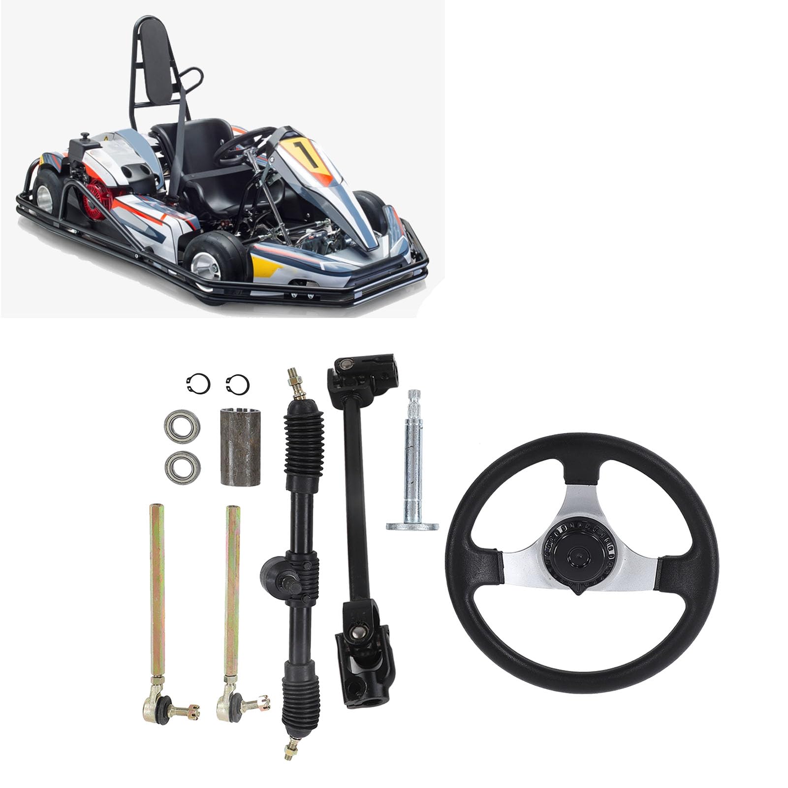 Vomeko Kart Steering Wheel Assembly - Gear Rack Pinion Adjustable Shaft Set with 300mm Steering Wheel Steel Kit for 150cc-250cc Engines Go Kart Steering System Replacement