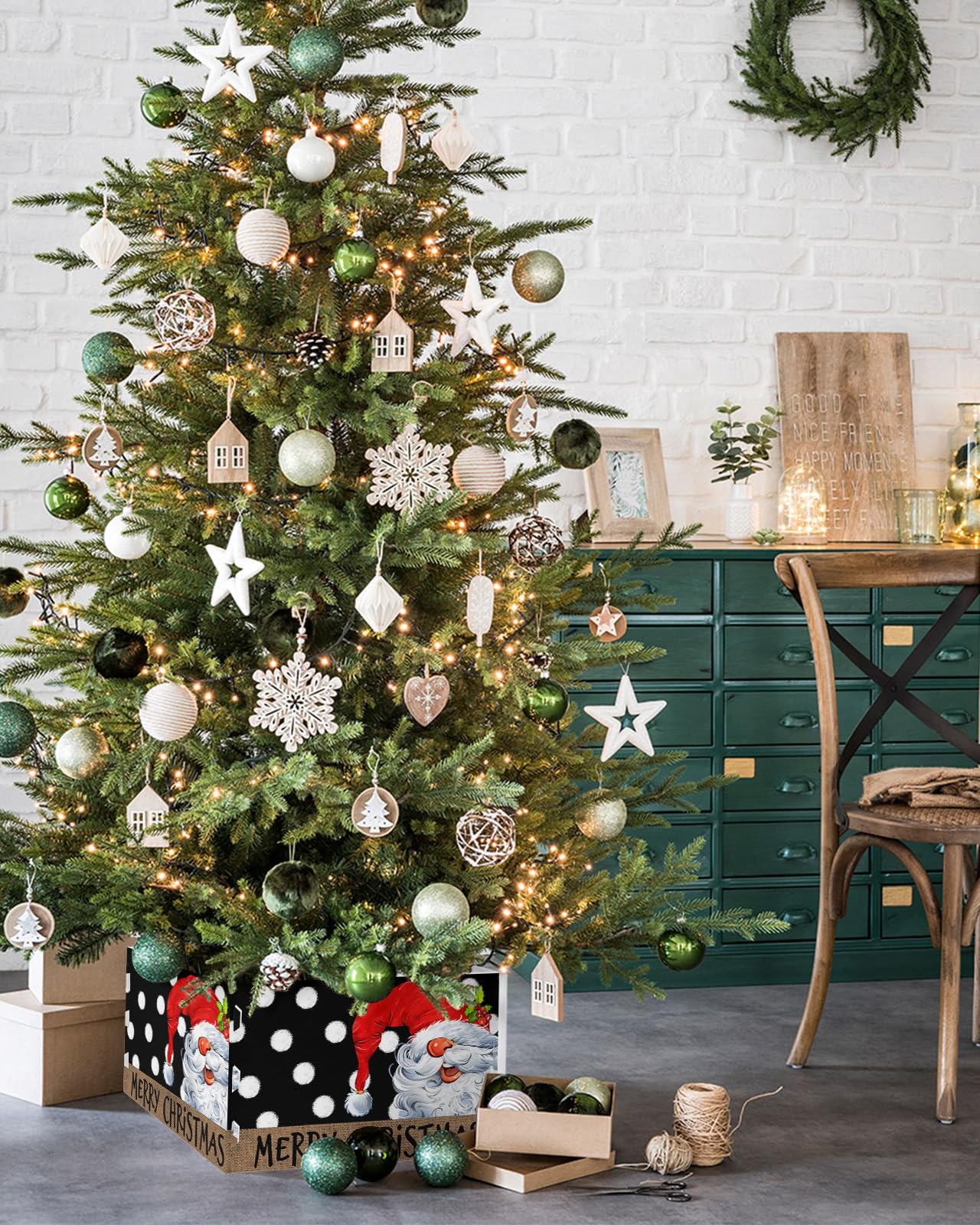 Christmas Boho Christmas Tree Collars for Artificial Trees, Christmas Tree Ring Xmas Tree Base Stand Cover Tree Skirts for Xmas Tree Decorations Holiday Party Red Gnomes Black White Dots 17'' x 10''