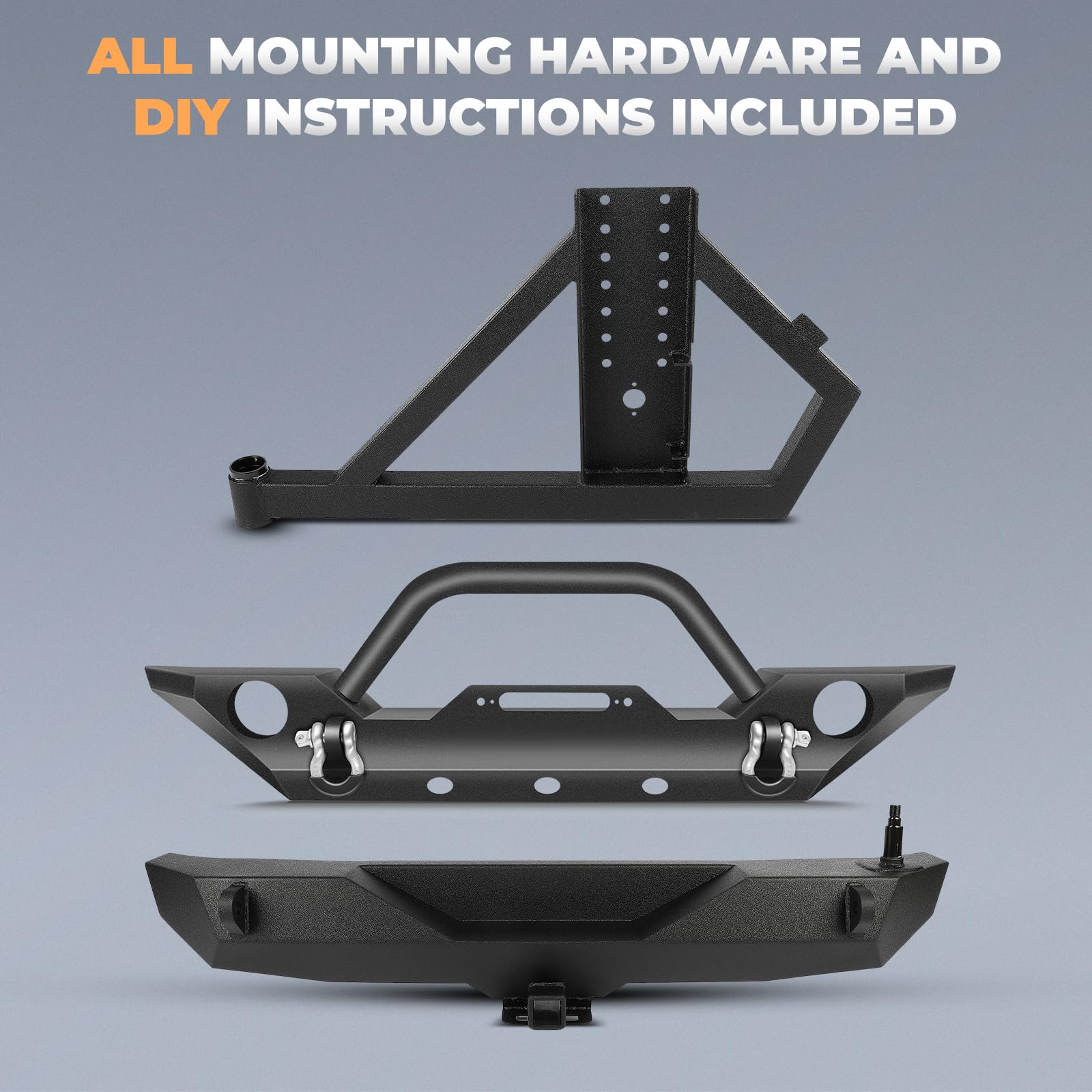 FINDAUTO Rront Bumper and Rear Bumper w/Tire Carrier Compatible for 2007-2018 for Jeep Wrangler JK with D-ring Winch Plate