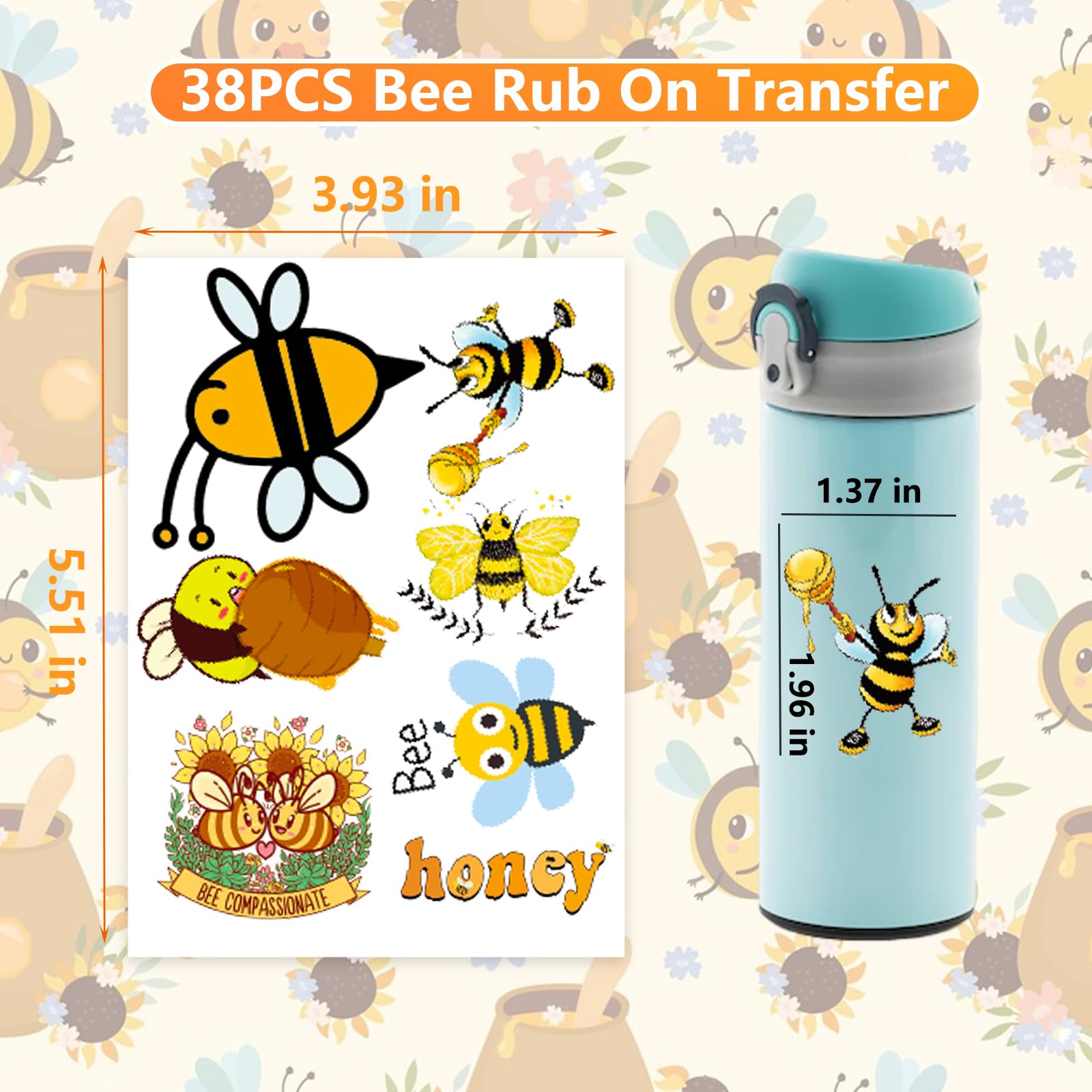 6 Sheets Bee Rub On Transfers for Crafts, 5.5 x 4 Inch Rub On Transfers Stickers, Bee Rub-On Transfers Decals for DIY Wood Paper Water Bottle (Bee)