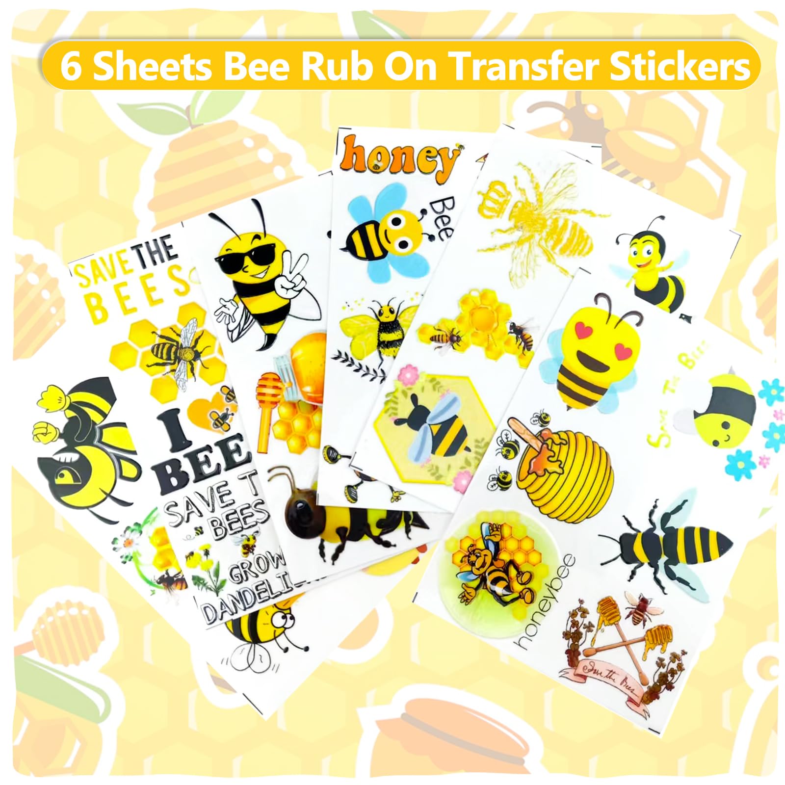 6 Sheets Bee Rub On Transfers for Crafts, 5.5 x 4 Inch Rub On Transfers Stickers, Bee Rub-On Transfers Decals for DIY Wood Paper Water Bottle (Bee)