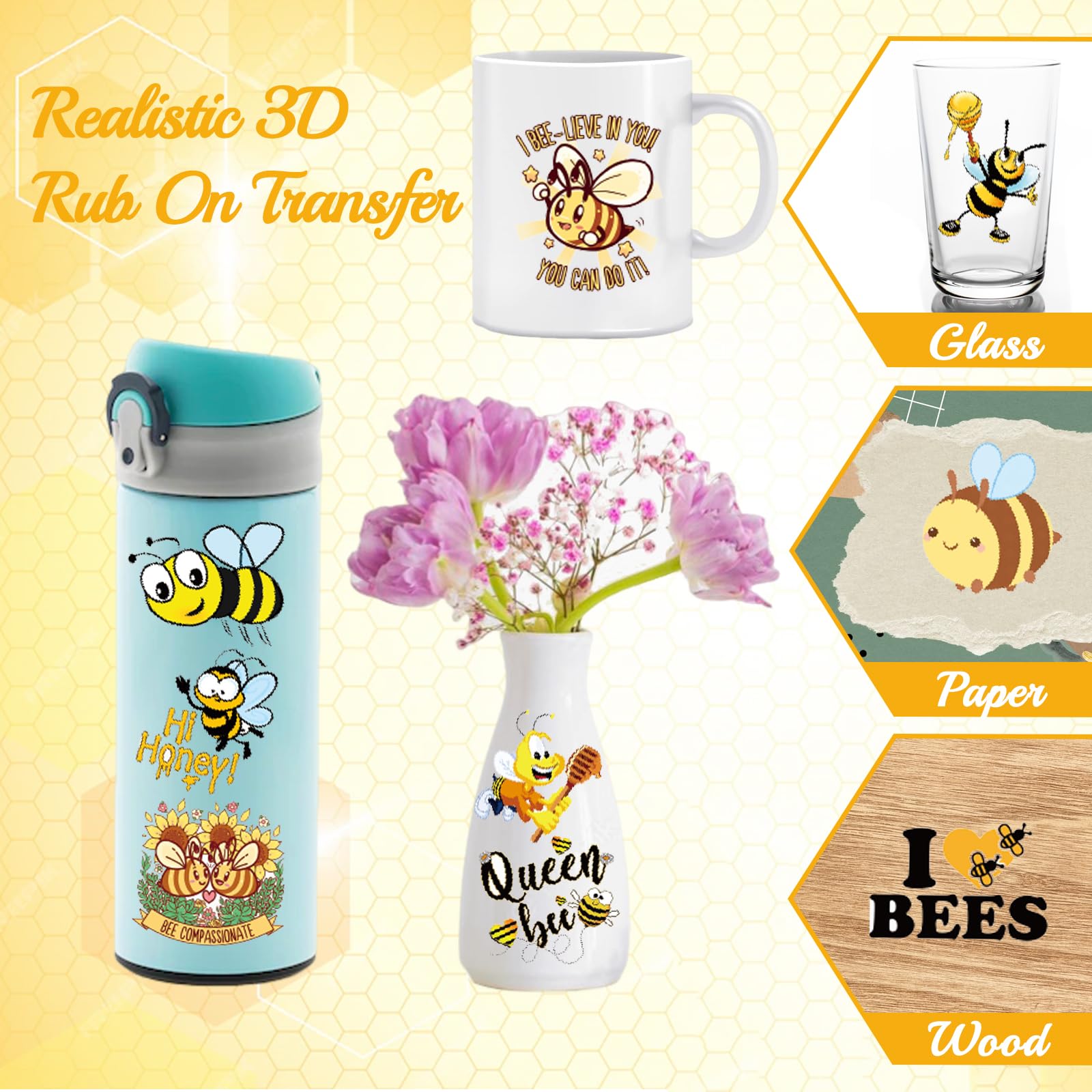 6 Sheets Bee Rub On Transfers for Crafts, 5.5 x 4 Inch Rub On Transfers Stickers, Bee Rub-On Transfers Decals for DIY Wood Paper Water Bottle (Bee)