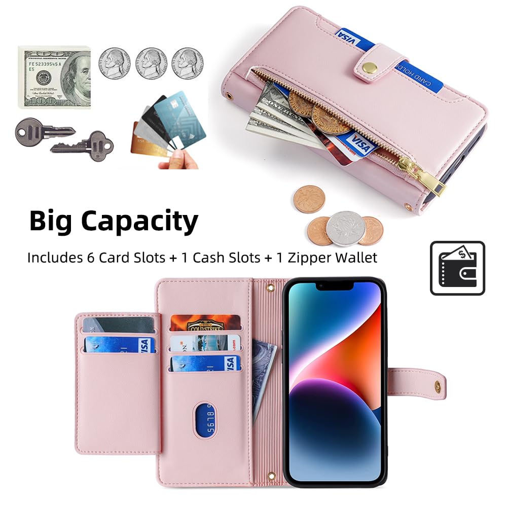 Arseaiy Wallet Case for Oppo Reno 6 Pro 5G(MediaTek) Flip Phone Case with Crossbody Strap Magnetic Handbag Zipper Pocket PU Leather Shockproof with Kickstand Phone Shell Pink