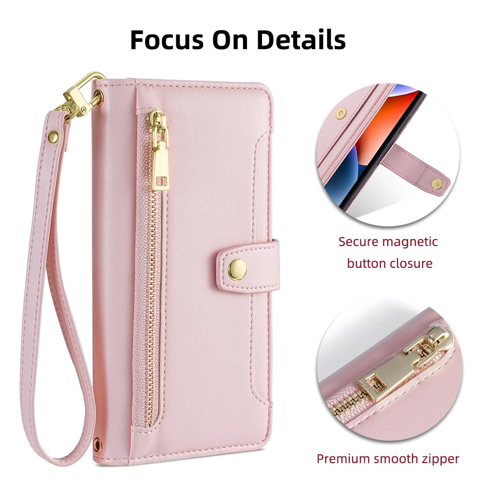 Arseaiy Wallet Case for Oppo Reno 6 Pro 5G(MediaTek) Flip Phone Case with Crossbody Strap Magnetic Handbag Zipper Pocket PU Leather Shockproof with Kickstand Phone Shell Pink