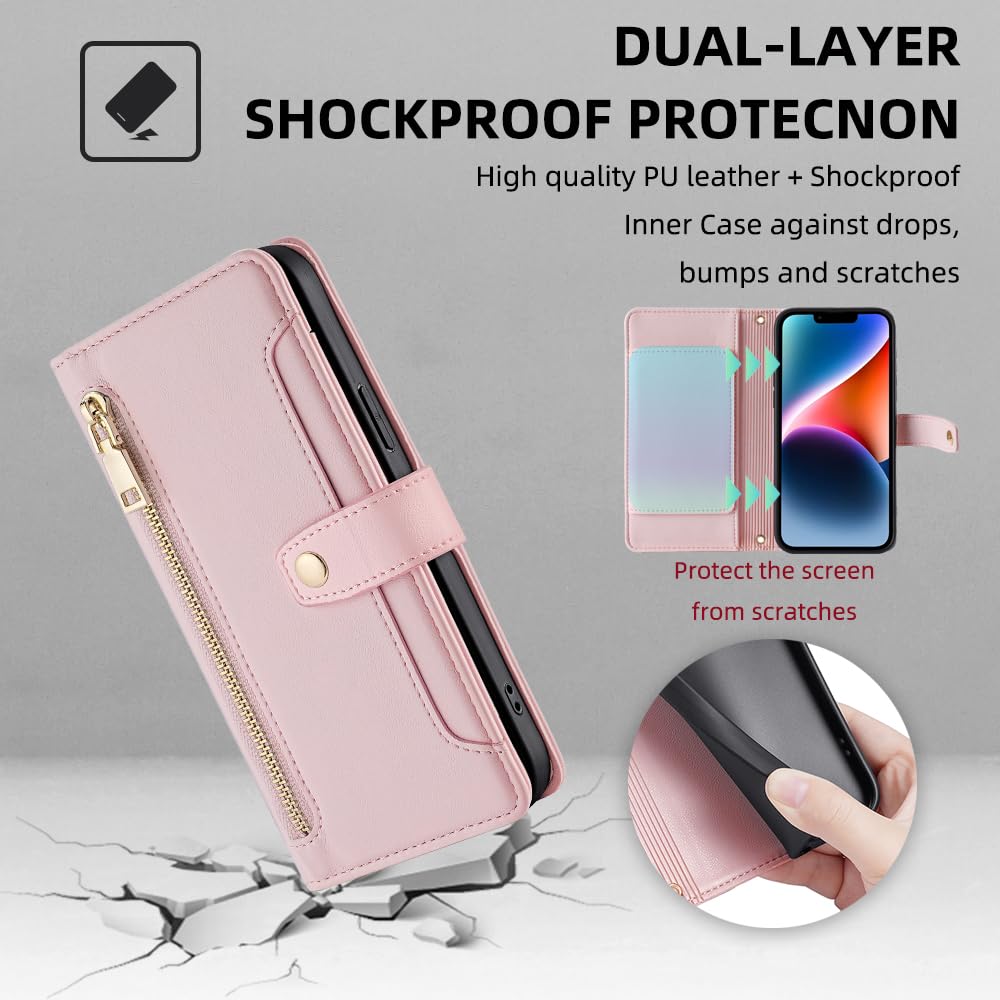 Arseaiy Wallet Case for Oppo Reno 6 Pro 5G(MediaTek) Flip Phone Case with Crossbody Strap Magnetic Handbag Zipper Pocket PU Leather Shockproof with Kickstand Phone Shell Pink