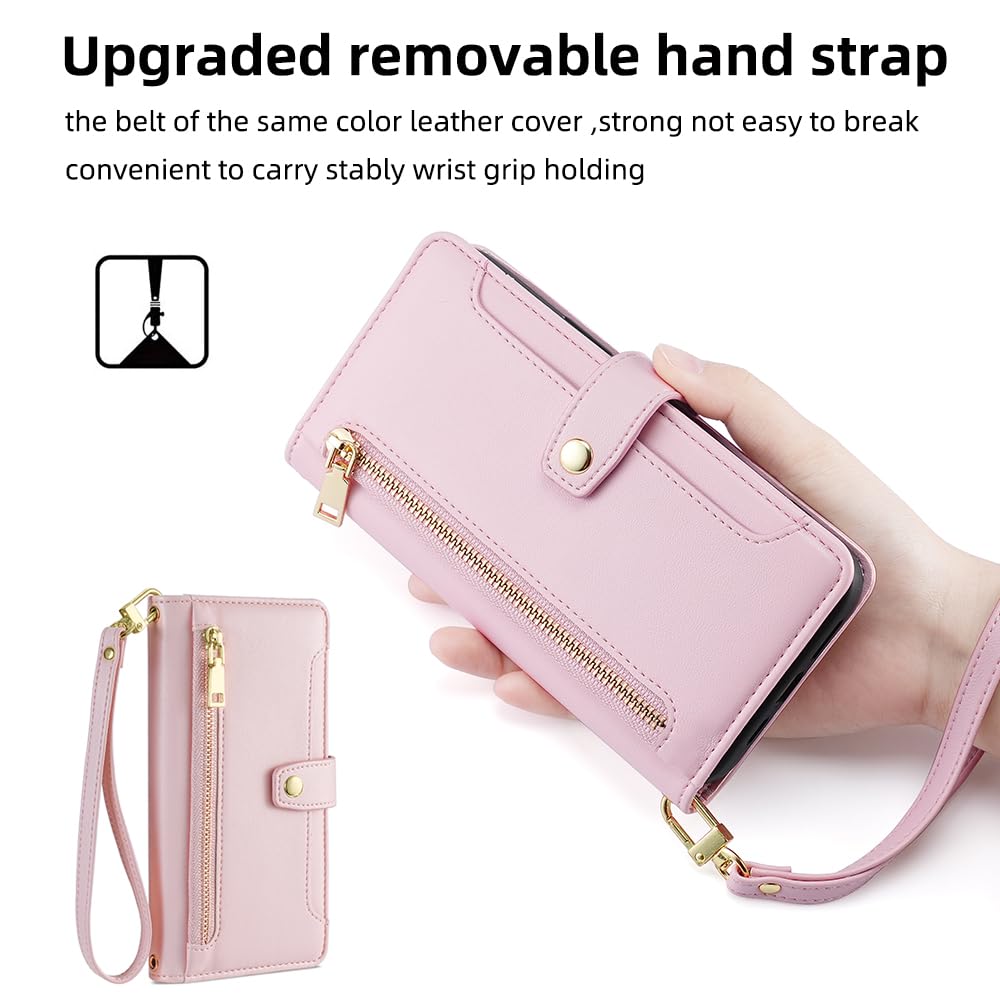 Arseaiy Wallet Case for Oppo Reno 6 Pro 5G(MediaTek) Flip Phone Case with Crossbody Strap Magnetic Handbag Zipper Pocket PU Leather Shockproof with Kickstand Phone Shell Pink