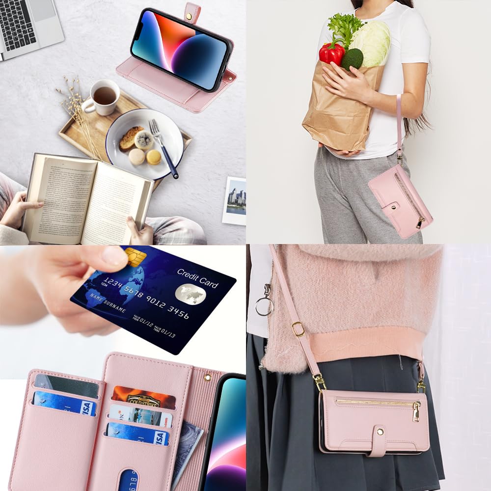 Arseaiy Wallet Case for Oppo Reno 6 Pro 5G(MediaTek) Flip Phone Case with Crossbody Strap Magnetic Handbag Zipper Pocket PU Leather Shockproof with Kickstand Phone Shell Pink