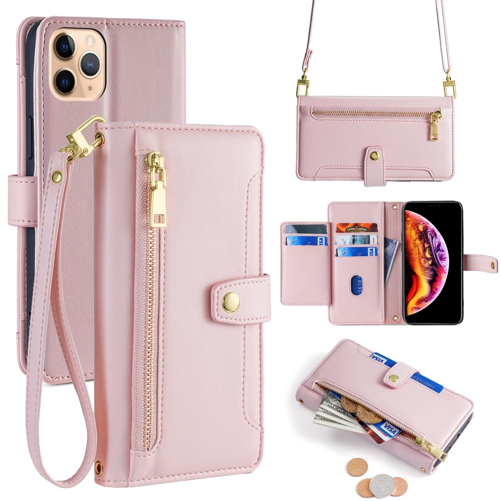 Arseaiy Wallet Case for Oppo Reno 6 Pro 5G（MediaTek） Flip Phone Case with Crossbody Strap Magnetic Handbag Zipper Pocket PU Leather Shockproof with Kickstand Phone Shell Pink