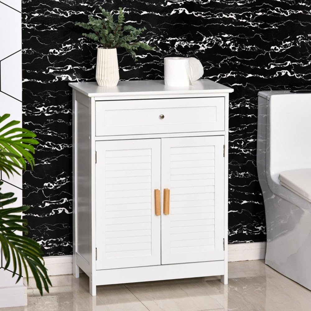 Huedimboene Floor Storage Cabinet with Adjustable Shelf & Double Doors, Bathroom Cabinet with Wood Handles, Standing Cupboard with Storage Drawer for Kitchen, Living Room, Home Office