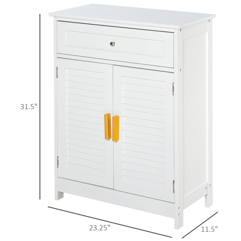 Huedimboene Floor Storage Cabinet with Adjustable Shelf & Double Doors, Bathroom Cabinet with Wood Handles, Standing Cupboard with Storage Drawer for Kitchen, Living Room, Home Office