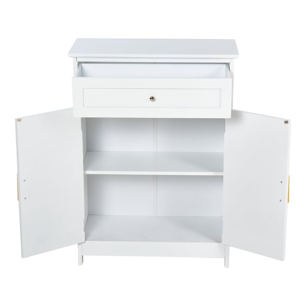Huedimboene Floor Storage Cabinet with Adjustable Shelf & Double Doors, Bathroom Cabinet with Wood Handles, Standing Cupboard with Storage Drawer for Kitchen, Living Room, Home Office