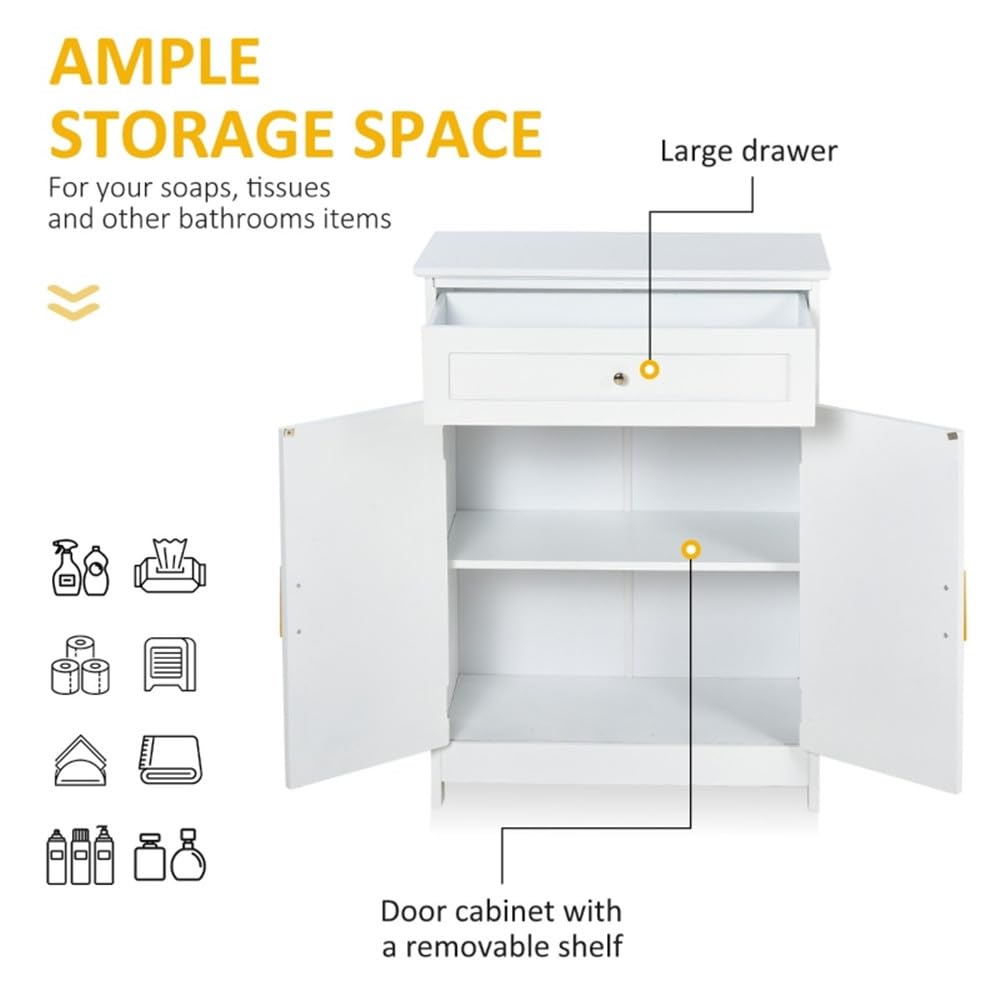 Huedimboene Floor Storage Cabinet with Adjustable Shelf & Double Doors, Bathroom Cabinet with Wood Handles, Standing Cupboard with Storage Drawer for Kitchen, Living Room, Home Office