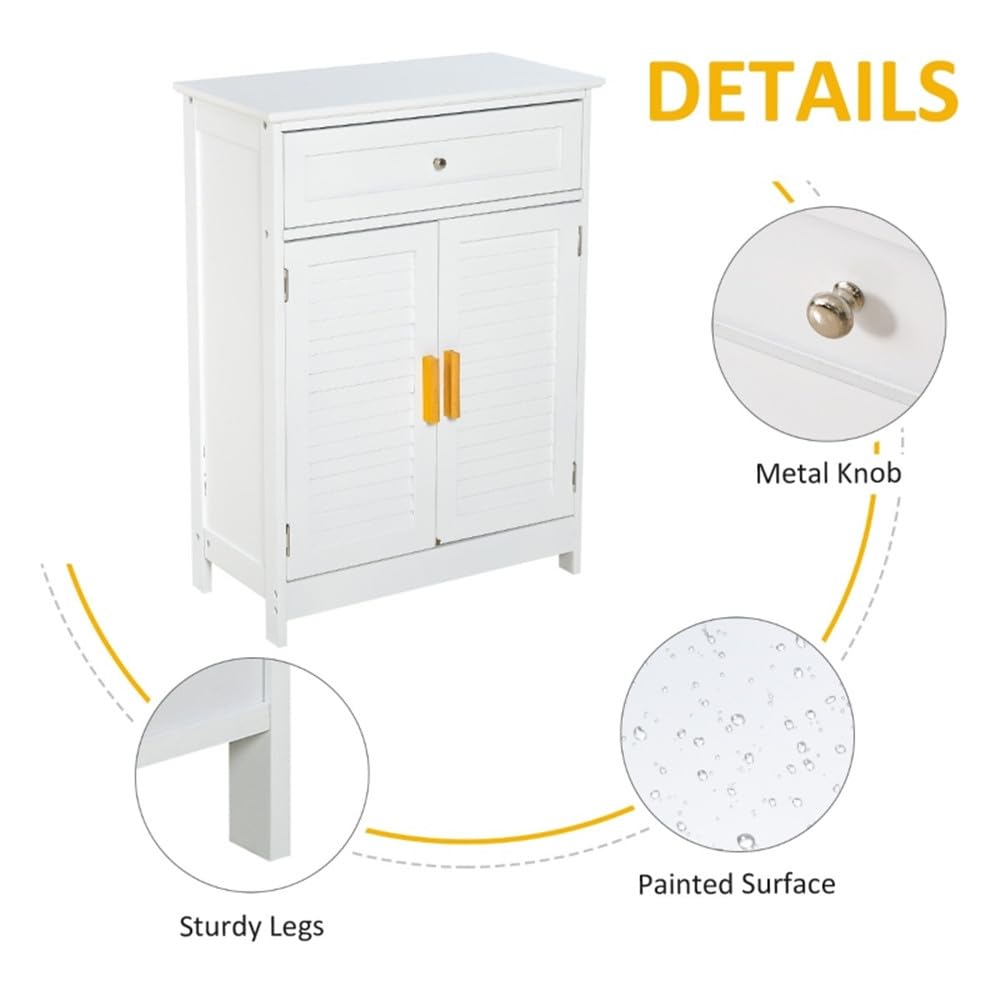 Huedimboene Floor Storage Cabinet with Adjustable Shelf & Double Doors, Bathroom Cabinet with Wood Handles, Standing Cupboard with Storage Drawer for Kitchen, Living Room, Home Office