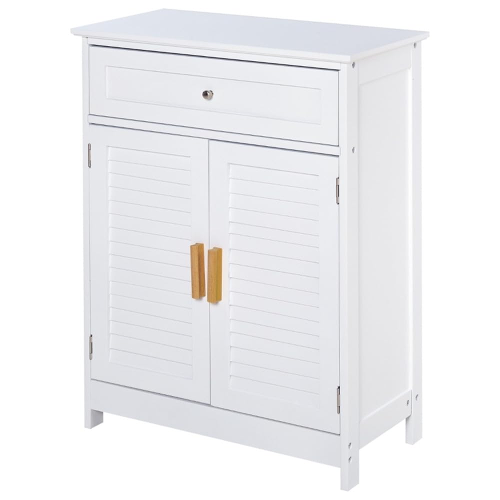 Huedimboene Floor Storage Cabinet with Adjustable Shelf & Double Doors, Bathroom Cabinet with Wood Handles, Standing Cupboard with Storage Drawer for Kitchen, Living Room, Home Office