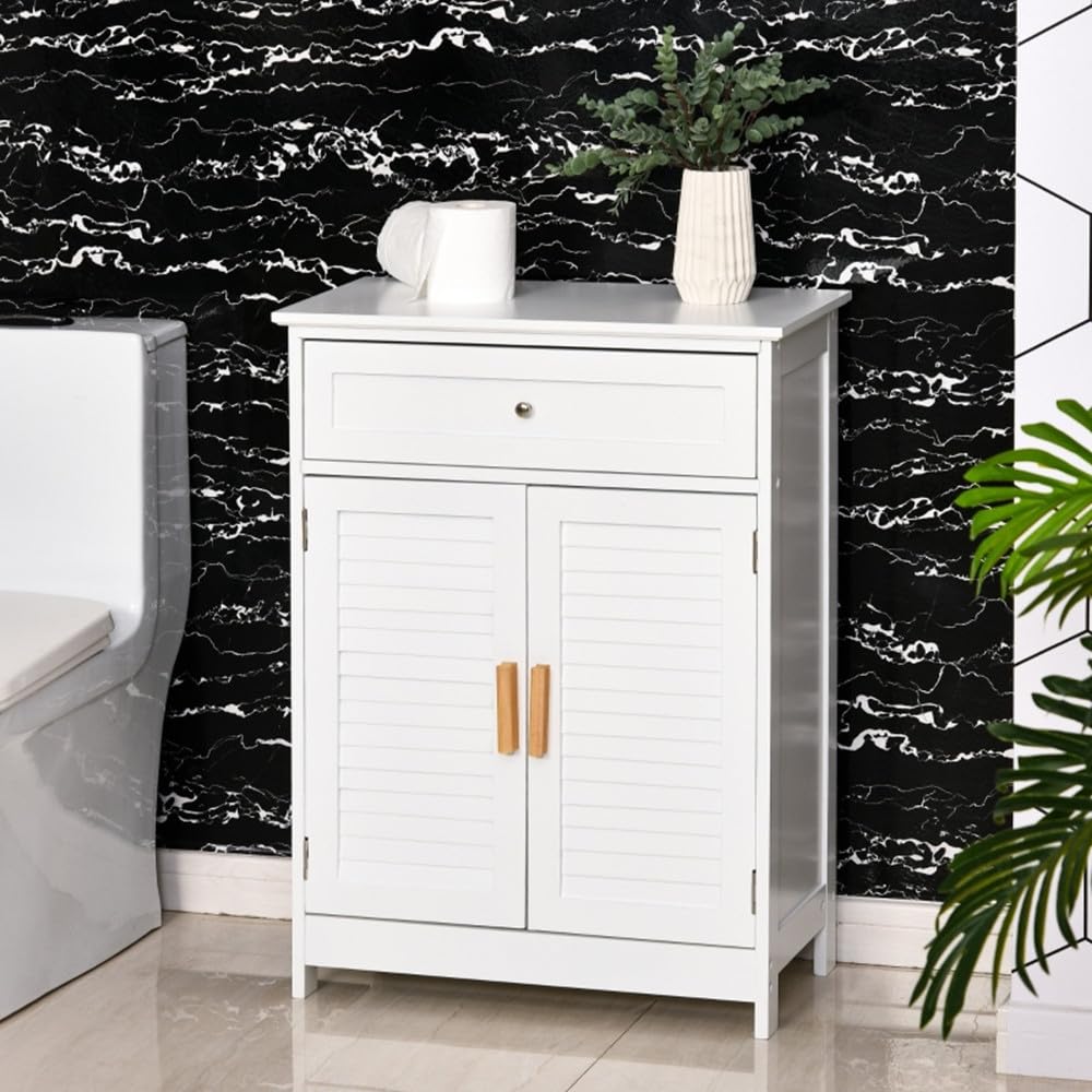 Standing Bathroom Cabinet, Floor Kitchen Pantry Cabinet with 1 Large Drawer, Wooden Bathroom Storage Cabinet with 2 Doors and Adjustable Shelf, Kitchen Cupboard Storage Display Cabinet for Living Room