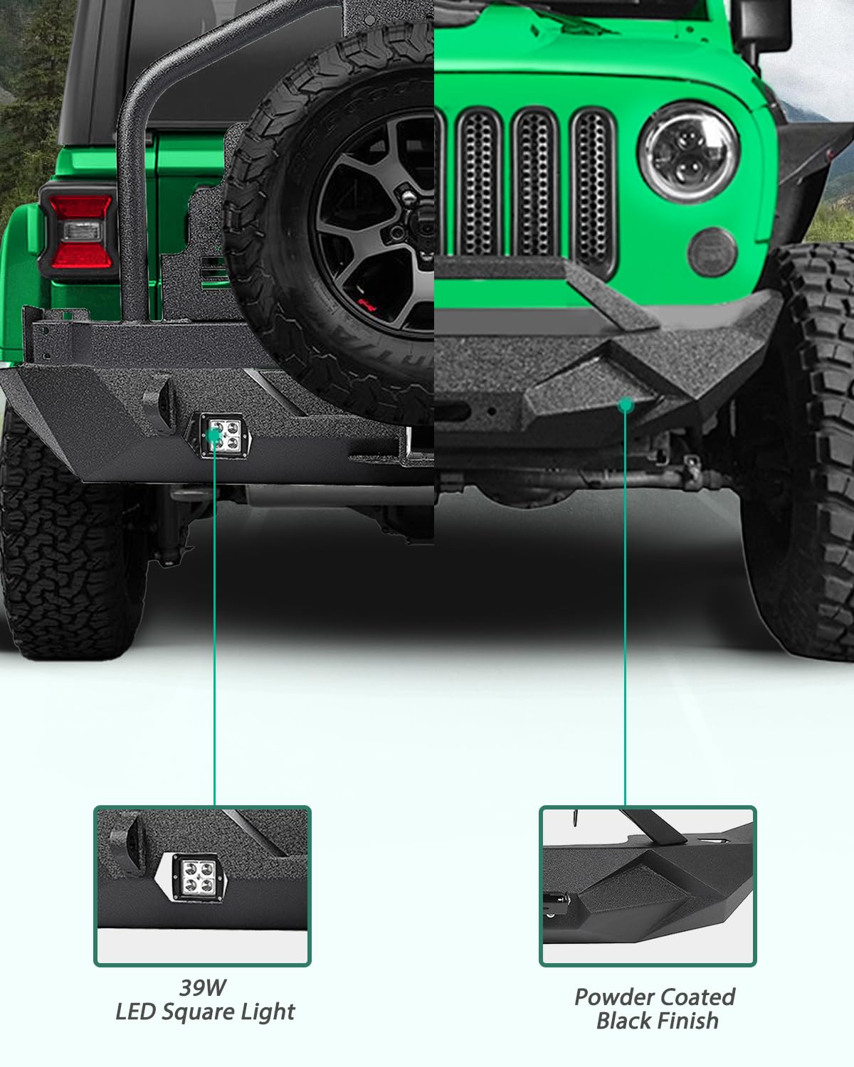 SCITOO Rront Bumper + Rear Bumper w/Tire Carrier Textured Black for 2007-2018 for Jeep Wrangler JK Rock Crawler Bumper w/Winch Plate with D-ring