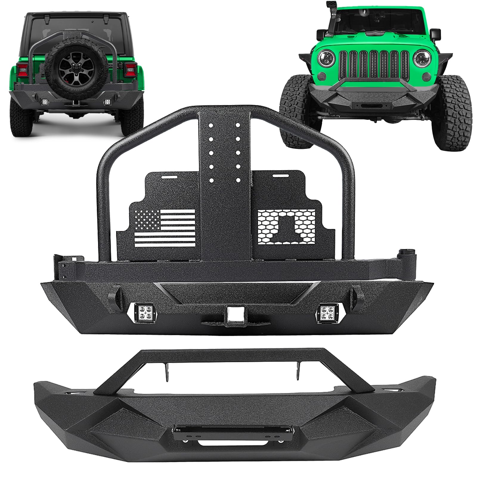 SCITOO Rront Bumper + Rear Bumper w/Tire Carrier Textured Black for 2007-2018 for Jeep Wrangler JK Rock Crawler Bumper w/Winch Plate with D-ring