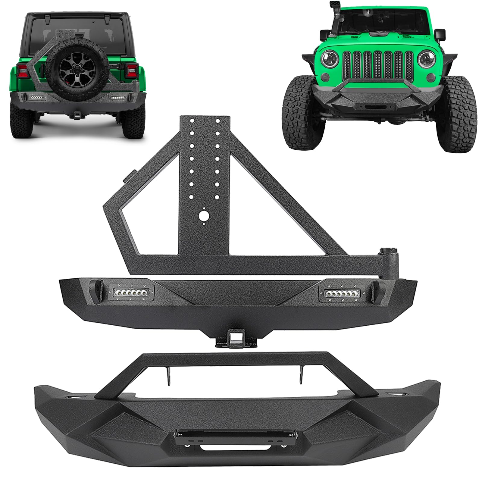 SCITOO Rront Bumper and Rear Bumper w/Tire Carrier Textured Black for 2007-2018 for Jeep Wrangler JK Rock Crawler Bumper w/Winch Plate with D-ring