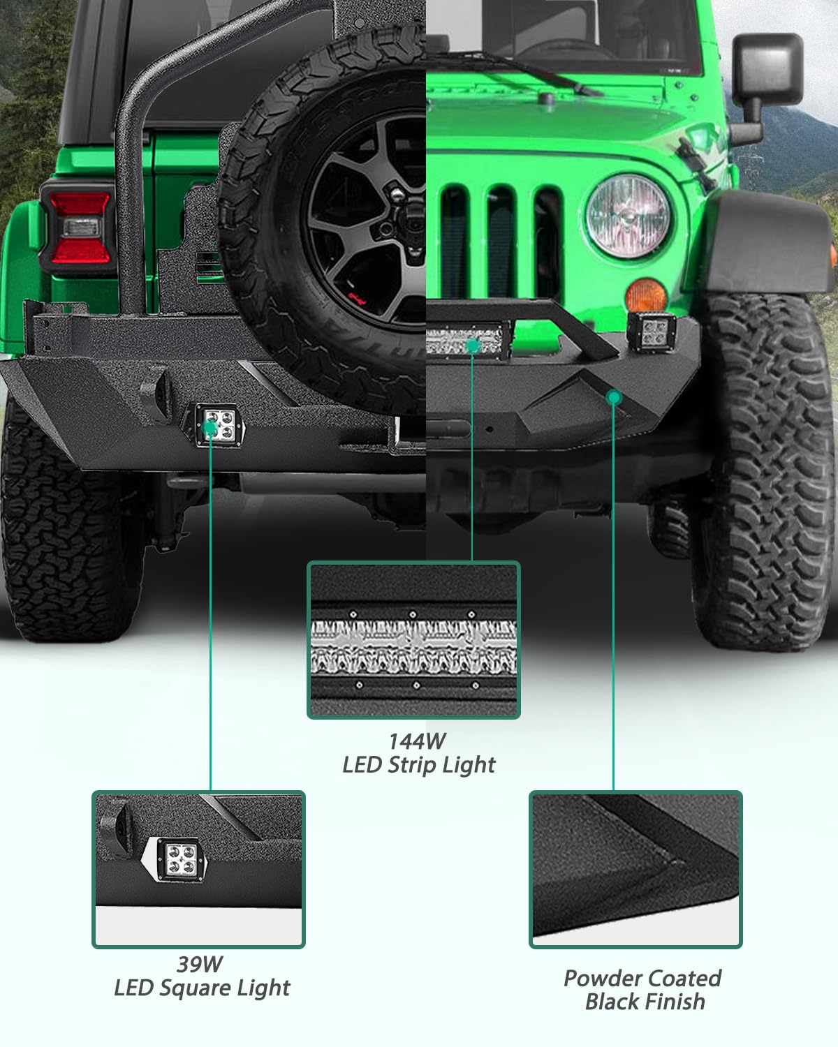 SCITOO Rront Bumper and Rear Bumper w/Tire Carrier Textured Black fit for 2007-2018 for Jeep Wrangler JK Rock Crawler Bumper w/Winch Plate with D-ring & LED Strip Light and LED Lights