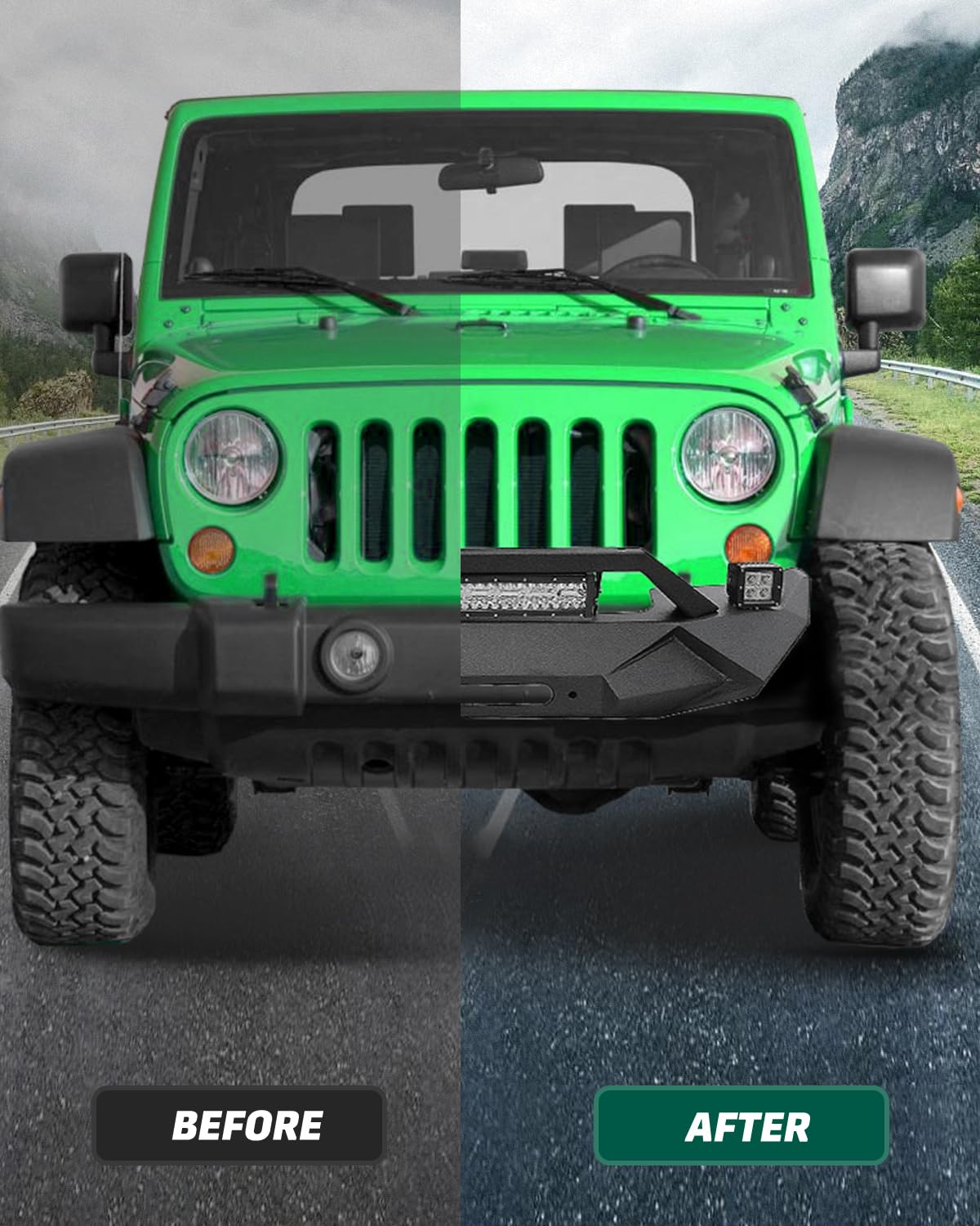 SCITOO Rront Bumper and Rear Bumper w/Tire Carrier Textured Black fit for 2007-2018 for Jeep Wrangler JK Rock Crawler Bumper w/Winch Plate with D-ring & LED Strip Light and LED Lights