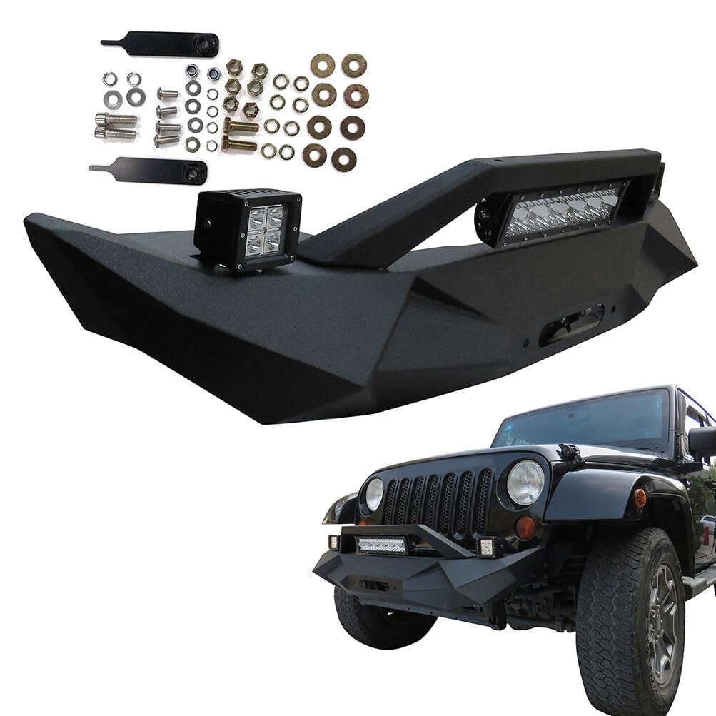SCITOO Rront Bumper and Rear Bumper w/Tire Carrier Textured Black fit for 2007-2018 for Jeep Wrangler JK Rock Crawler Bumper w/Winch Plate with D-ring & LED Strip Light and LED Lights