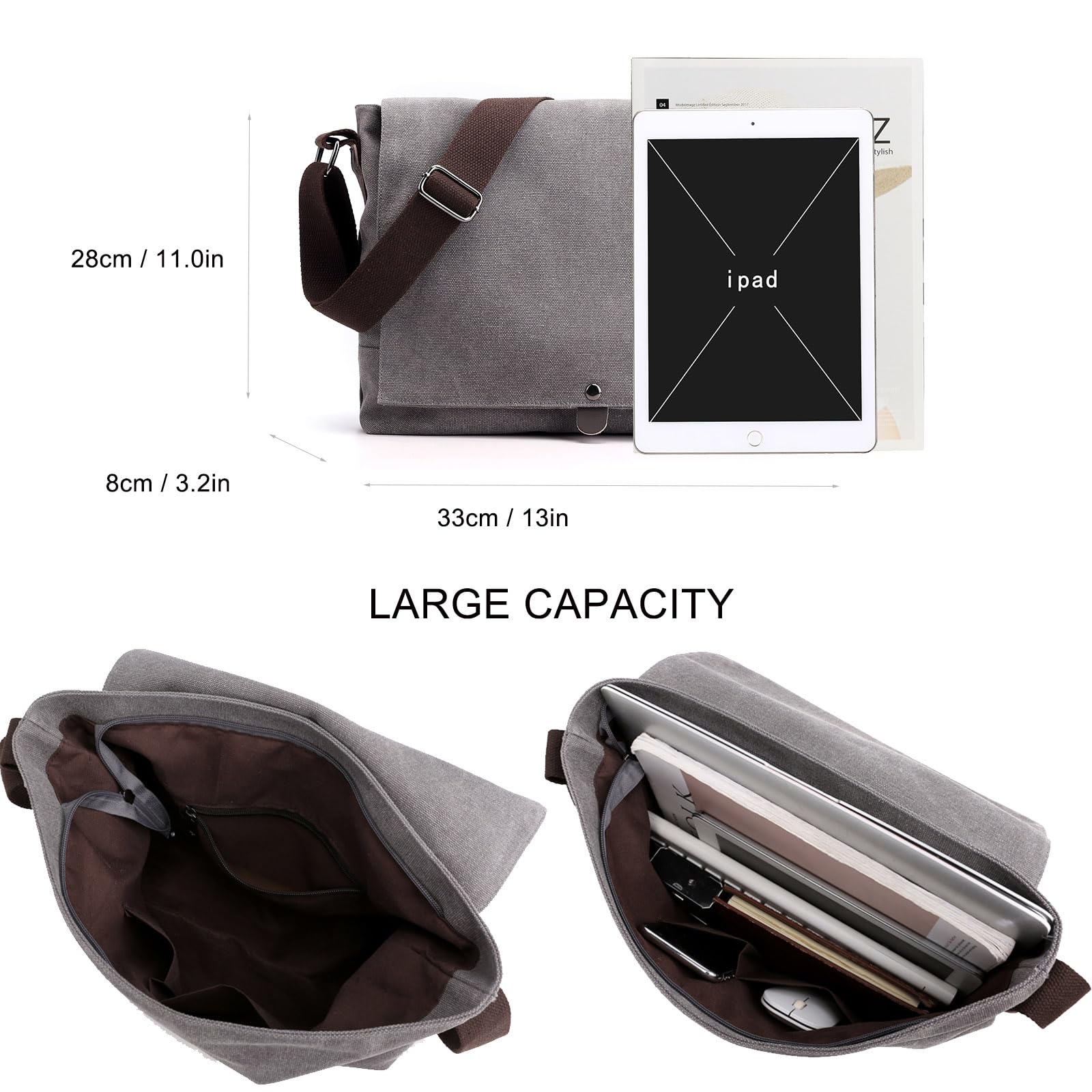 XHUMORG Canvas Messenger Bag Travel Shoulder bag 13.3" Laptop Bags Satchel Crossbody Bag for Men (khaki)
