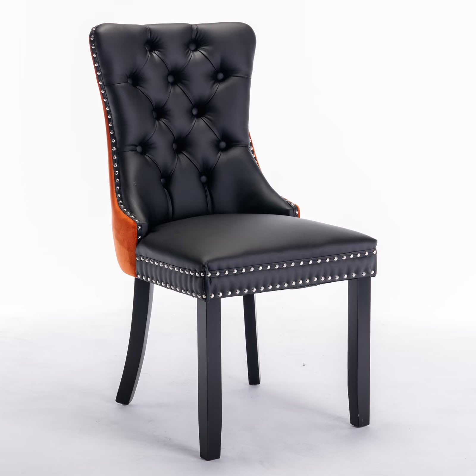 PU Leather Dining Chairs Set of 2, Upholstered Tufted Dining Room Chairs with Nailhead Trim, Ring Pull and Solid Wood Legs, Luxury Wingback Dining Chairs for Living Room Kitchen, Black+Orange
