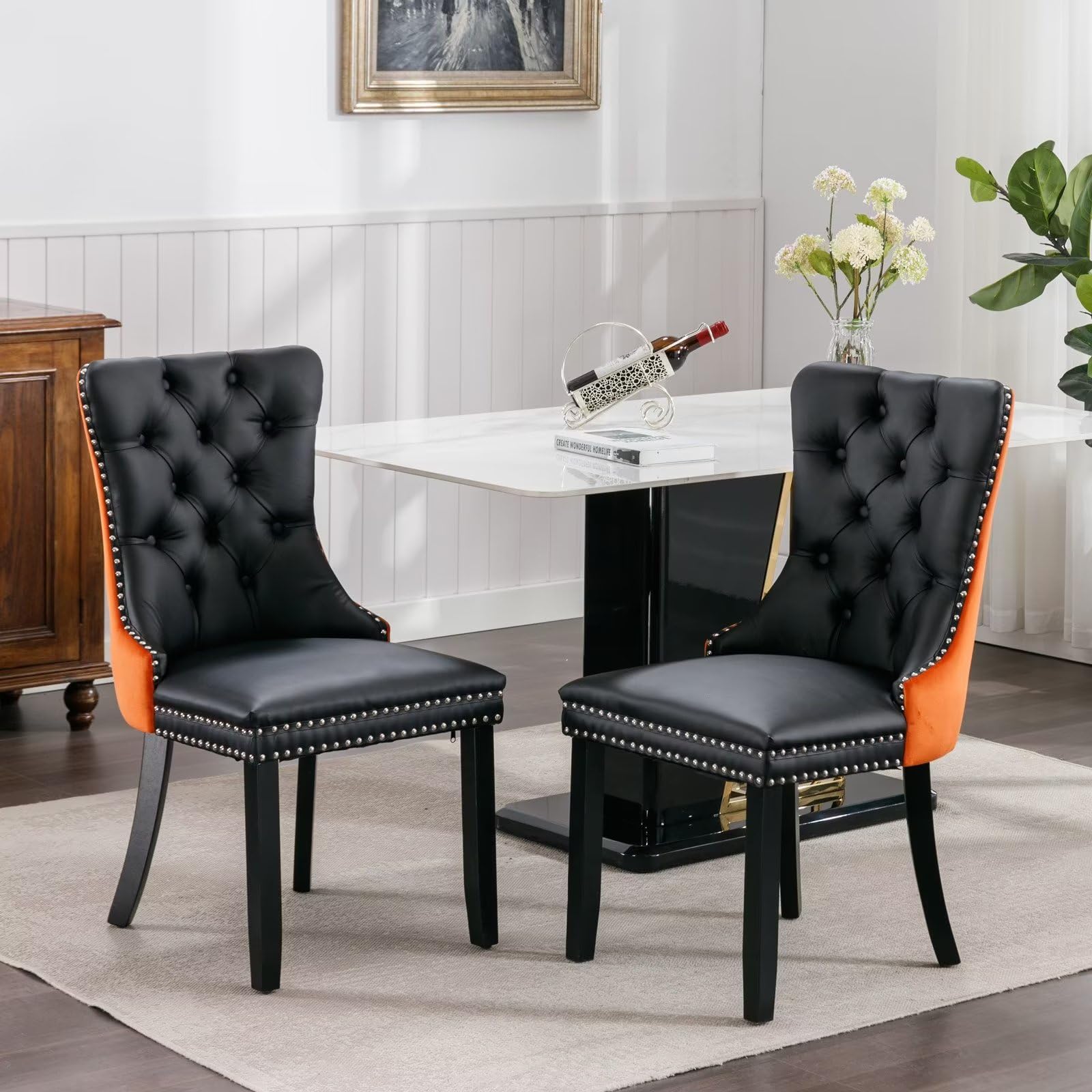 PU Leather Dining Chairs Set of 2, Upholstered Tufted Dining Room Chairs with Nailhead Trim, Ring Pull and Solid Wood Legs, Luxury Wingback Dining Chairs for Living Room Kitchen, Black+Orange