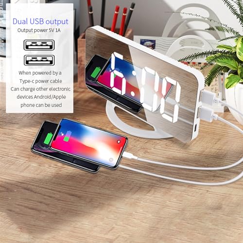 Digital Alarm Clock, 6. 2 Inch LED Mirror Electronic Clocks, Dual USB Charging Port, Snooze Mode Loud Alarm Clock for Heavy Sleepers, Modern Desk Wall Clocks for Bedrooms Living Room Office- White